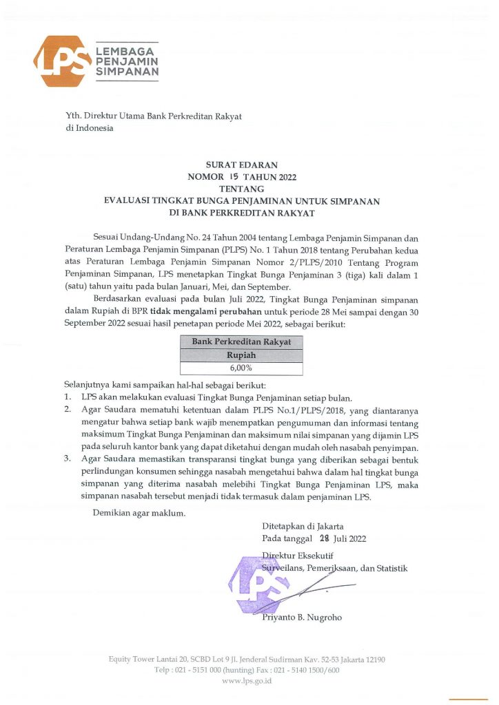 Tingkat Suku Bunga LPS 01 Jul 2022 – BPR ADJI CAKA