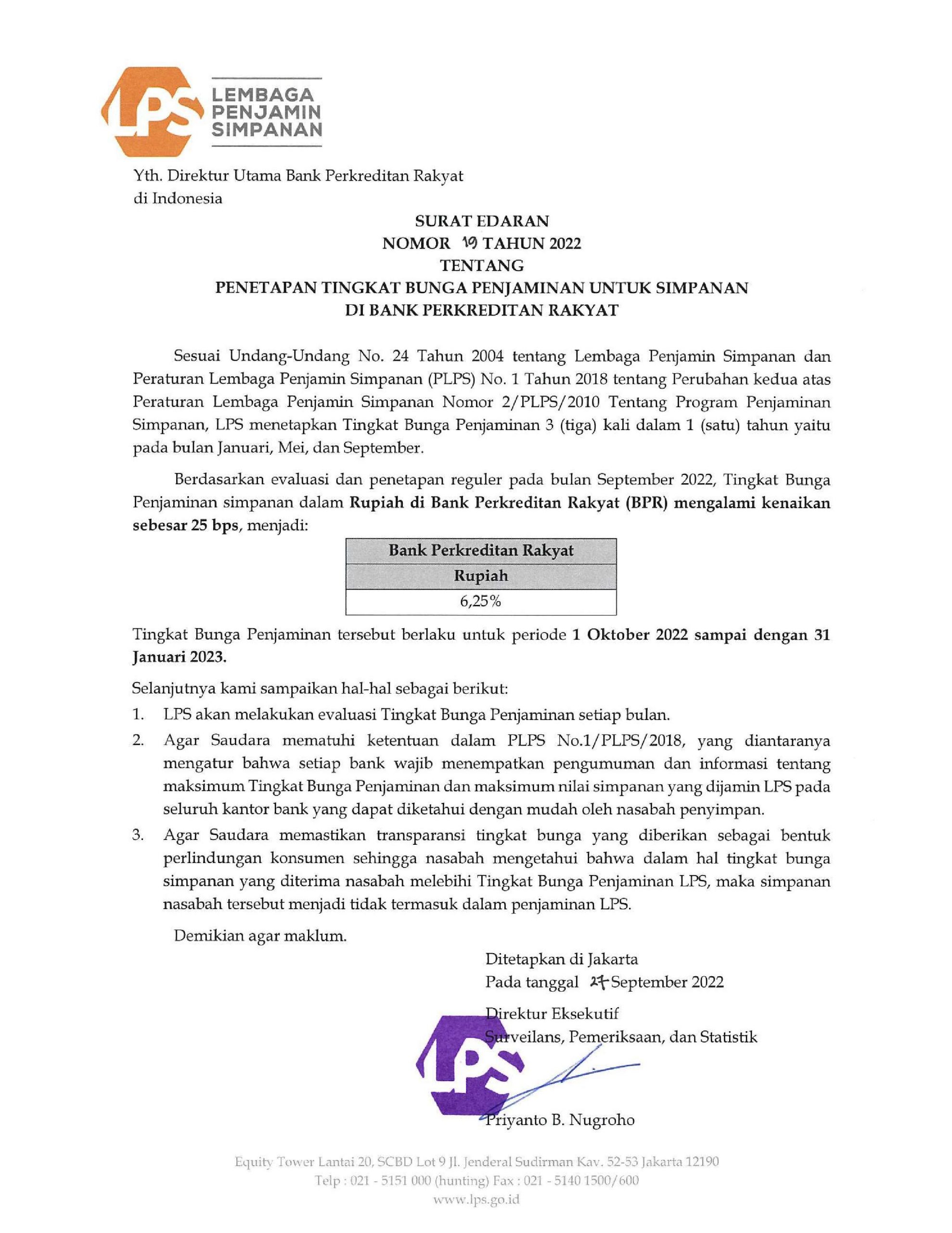 Tingkat Suku Bunga LPS 01 Okt 2022 – BPR ADJI CAKA